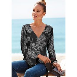 3/4-Arm-Shirt Vivance, Damen, Gr. 36/38, schwarz-wei&szlig; (schwarz, wei&szlig; bedruckt), Jersey, Obermaterial: 100% Viskose, bedruckt, figurumspielend h&uuml;ftlang, tiefer V-Ausschnitt, Shirts 3/4-Arm-Shirt, mit Alloverprint und V-Ausschnitt, Blusenshirt, Langarmshirt