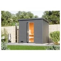 Saunahaus Karibu "Talo 3", grau (terragrau), Saunaofen, integrierte Steuerung, (ohne Ofen), Saunen, Ofen 9 kW integr. Strg