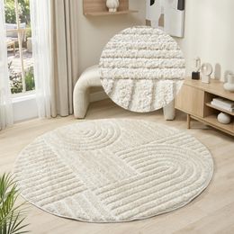 Teppich OTTO HOME "Jonne, Boho-Design, Scandi, Designteppich", beige, H:20mm &Oslash;:120cm, Obermaterial: 100% Polypropylen, Teppiche, Teppich, Hoch-Tief, 3D Optik, skandinavischer Stil, Wohnzimmer, Schlafzimmer