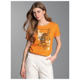 TRIGEMA Damen T-Shirt "TRIGEMA T-Shirt mit floralem Leo-Print"curry, Basic, Gr. M, Single Jersey, 100% Baumwolle, Shirts