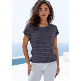 Kurzarmshirt Vivance "aus strukturierter Strickqualit&auml;t", Damen, Gr. 32/34, blau (navy, creme), Strick, Obermaterial: 68% Viskose (LENZING&trade; ECOVERO&trade;), 30% Polyester, 2% Elasthan, gemustert, figurumspielend, Rundhals, Shirts, mit Gummizug im Bund
