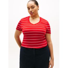 V-Shirt Tommy Hilfiger Curve "CRV SLIM CODY V-NK SS", Damen, Gr. 48, fine stp fireworks, calico, Single Jersey, Obermaterial: 100% Baumwolle, gestreift, slim fit normal, V-Ausschnitt, abgesteppte Kante, Shirts, in gro&szlig;en Gr&ouml;&szlig;en, Baumwoll-Qualit&auml;t