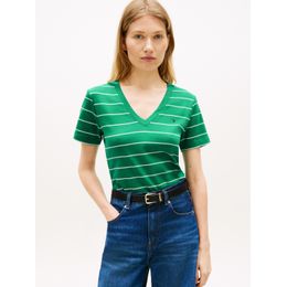 T-Shirt Tommy Hilfiger "SLIM CODY V-NECK SHORT SLEEVE", Damen, Gr. S (36/38), fine stp courtside gr&uuml;n, ecru, Jersey, Obermaterial: 100% Baumwolle, gestreift, schmal normal, tiefer V-Ausschnitt, abgesteppte Kante, Shirts T-Shirt, aus Baumwolle, Logostickerei, gestreift