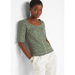 bonprix Damen T-Shirt "Ripp-Shirt mit Blumendruck, Halbarm", gr&uuml;n, Gr. 52, bedruckt, Web, Obermaterial: 100% Baumwolle, Shirts, bequeme Passform,