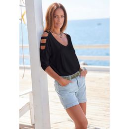 3/4-Arm-Shirt Lascana, Damen, Gr. 36/38, schwarz, Jersey, Obermaterial: 95% Viskose, 5% Elasthan, unifarben, figurumspielend h&uuml;ftlang, V-Ausschnitt, mit Cut Outs, Shirts 3/4-Arm-Shirt, mit Cut-outs, raffiniertes Longsleeve, schulterfrei, Topseller