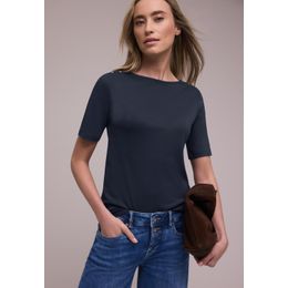 Kurzarmshirt Street One, Damen, Gr. 44, shadowed navy, Jersey, Obermaterial: 50% Baumwolle, 50% Modal, unifarben, l&auml;ssig geschnitten h&uuml;ftbedeckend, U-Boot-Ausschnitt, abgesteppte Kante, Shirts, mit Knopfdetail