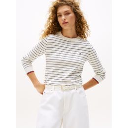 Rundhalspullover Tommy Hilfiger "CO JERSEY STITCH LS C-NK SWT", Damen, Gr. XXXL(46), beige (ivory silk, schwarz night navy fine stp), Strick, Obermaterial: 67% Baumwolle, 33% Polyamid, gestreift, normal h&uuml;ftlang, Rundhals, B&uuml;ndchen, Pullover Rundhalspullover, mit Logostickerei