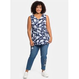 Damen Longtop, blau, Gr. 50, sheego by Joe Browns, gebl&uuml;mt, gemustert, 95% Viskose, 5% Elasthan, Spitze:100% Baumwolle, Tops