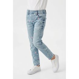 Regular-fit-Jeans s.Oliver JUNIOR, M&auml;dchen, Gr. 116, N-Gr, blau (blaureg), Denim/Jeans, Obermaterial: 99% Baumwolle, 1% Elasthan, unifarben, regular fit kn&ouml;chellang, Jeans, mit Print