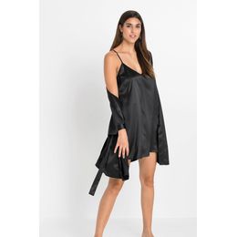 bonprix Damen Kimono, Gr. 44schwarz, Satin, unifarben, Hausm&auml;ntel, im Kimono-Stil mit Neglig&eacute;
