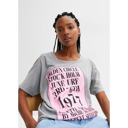 bonprix Damen T-Shirt, grau, Gr. 44, Obermaterial: 50% Baumwolle, 50% Polyester, Shirts, lockere Passform, Halbarm-Design, Cut-Outs an den Schultern