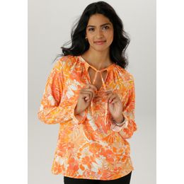 Schlupfbluse Aniston SELECTED, Damen, Gr. 46, orange (orange, hellorange, dunkelorange, sanftes wei&szlig;), Web, Obermaterial: 100% Viskose, bedruckt, gebl&uuml;mt, gemustert, figurumspielend h&uuml;ftbedeckend, V-Ausschnitt, Raglan&auml;rmel Volant, Blusen Schlupfbluse, mit Bindeb&auml;nder