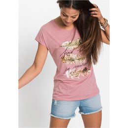 T-Shirt bonprix "T-Shirt mit Glitzerdruck", Damen, Gr. 40/42 (M), rosa (rauchrose bedruckt), Obermaterial: 65% Polyester, 35% Viskose, schmal, Shirts T-Shirt, schmale Passform, Kurzarm, mit Glitzerdruck