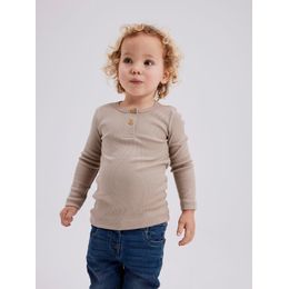 Langarmshirt name it "NMMKAB LS TOP NOOS", Jungen, Gr. 122/128, beige (pure cashmere), Feinripp, Obermaterial: 57% Baumwolle, 38% Modal, 5% Elasthan, meliert, normal normal, Rundhals, abgesteppte Kante, Shirts Langarmshirt, Im Henley-Stil - mit kurzer Knopfleise, normal geschnitten