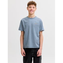 Jack & Jones T-Shirt JACK & JONES JUNIOR "JJDEVIN DAYTONA STRIPED TEE SS CN JNR", Jungen, Gr. 128, blau mirage stripes:hellwei&szlig;, Single Jersey, Obermaterial: 100% Baumwolle, gestreift, regular fit normal, Rundhals, Shirts T-Shirt, mit dezenter Logostickerei