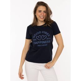 T-Shirt Zwillingsherz "Happiness Vibes", Damen, Gr. L, marine, Web, Obermaterial: 95% Baumwolle, 5% Elasthan, bestickt, unifarben, h&uuml;ftbedeckend, Rundhals, gerader Abschluss, Shirts T-Shirt, ton in ton Stickerei, kurzarm, Rundhals