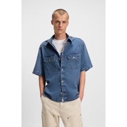 Jeanshemd HUGO BLUE "Ekyno", Herren, Gr. XL, N-Gr, blau (navy416), Web, Obermaterial: 100% Baumwolle, unifarben, oversize h&uuml;ftlang, Rundhals, abgesteppte Kante, Hemden Jeanshemd, in oversize Form