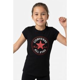 T-Shirt Converse "CNVG TIMELS CHUCK PATCH TEE", M&auml;dchen, Gr. 128/134 (M), schwarz-wei&szlig; (schwarz(wei&szlig;)), Stoff, Obermaterial: 100% Baumwolle, bedruckt, normal, Rundhals, eingesetzt abgesteppt, Shirts T-Shirt, f&uuml;r Kinder, sportlicher Stil, Rundhalsausschnitt