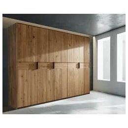 Kleiderschrank Home Affaire "Huven, Kleiderschrank mit viel Stauraum, aus Massivem Eichenholz", braun (eiche), B:258cm H:218cm T:65cm, Massivholz, Schr&auml;nke, Kleiderschrank, Scandi, 218cm Hoch, 1 Kleiderstange & 1 Fach, B&uuml;gelgriff & Soft-Close