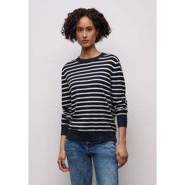 Rundhalspullover Street One, Damen, Gr. 38, tiefblau, Stoff, 86% Viskose, 14% Polyester, gestreift, normal normal, Rundhals, Rippb&uuml;ndchen, Pullover Rundhalspullover, im Streifendesign