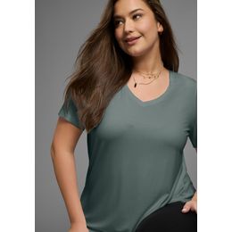 Damen T-Shirt "Gro&szlig;e Gr&ouml;&szlig;en", gr&uuml;n, Basic, Gr. 52, LAURA SCOTT CURVE, Jersey, Obermaterial: 94% Viskose, 6% Elasthan, Shirts, mit V-Ausschnitt aus