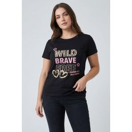 T-Shirt Zwillingsherz "Wild Brave Free", Damen, Gr. L/XL (L/XL), schwarz, Single Jersey, Obermaterial: 92% Baumwolle, 8% Elasthan, unifarben mit Farbeinsatz, comfort fit h&uuml;ftlang, Rundhals, Shirts T-Shirt, Leo-Muster, Pailletten, Kurzarm, Rundhalsausschnitt, Schriftz&uuml;ge