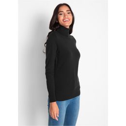 Rollkragenpullover bonprix "Feinstrick-Rollkragenpullover", Damen, Gr. 40/42 (M), schwarz, Feinstrick, Obermaterial: 70% Baumwolle, 30% Polyamid, unifarben, schmal normal, ohne Ausschnitt, Rippb&uuml;ndchen, Pullover Rollkragenpullover, aus Baumwollmischung, mit hohem Rollkragen, schmale Passform