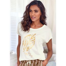 Lascana Damen Pyjamaoberteil, Gr. 40, beige, Single Jersey, Obermaterial: 50% Baumwolle, 50% Viskose, unifarben, Basic, Shirts, mit Folienprint