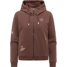 Sweatjacke Ragwear "Parya Embro", Damen, Gr. XS (34), dunkelbraun, Material: 95% Baumwolle, 5% Elasthan, gerade h&uuml;ftlang, Rundhals, &Auml;rmel ohne &Auml;rmelschlitz Rippstrickb&uuml;ndchen, Sweatjacken Sweatjacke, Damen Zipper mit Stickereien