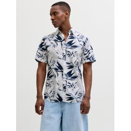 Jack & Jones Kurzarmhemd JACK & JONES "JJHONOLULU AOP SHIRT SS", Herren, Gr. S, N-Gr, cloud dancer, Web, Obermaterial: 100% Baumwolle, gemustert, regular fit, Hemden