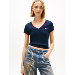 Kurzarmshirt Tommy Jeans "TJW SLIM BADGE V-NECK TEE", Damen, Gr. L (40), schwarz night navy, Single Jersey, Obermaterial: 95% Baumwolle, 5% Elasthan, unifarben mit Farbeinsatz, slim fit h&uuml;ftlang, tiefer V-Ausschnitt, Shirts, mit dem V-Ausschnitt