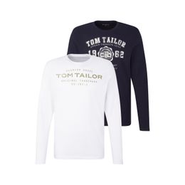 Langarmshirt Tom Tailor, Herren, Gr. XL, blau (knitted navy), Jersey, Obermaterial: 100% Baumwolle, bedruckt, regular fit taillenbedeckt, Rundhals, gerader Abschluss, Shirts Langarmshirt, 2er Pack / mit Logo Print