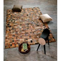 Lederteppich OCI DIE TEPPICHMARKE "Labelstar" Gr. 1, bunt (multi, braun), B:70cm H:10mm L:140cm, Leder, Teppiche, echtes Leder, UNIKAT, handgen&auml;ht, Patchwork aus Leder Jeanslabel
