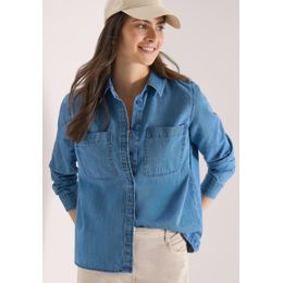 Langarmbluse Cecil, Damen, Gr. XXL (46), mid blau wash, Web, 63% Baumwolle, 37% Lyocell, unifarben, klassisch normal, V-Ausschnitt, abgesteppt, Blusen, im soften Baumwoll-Mix
