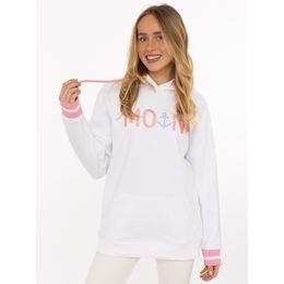 Hoodie Zwillingsherz "Rahel", Damen, Gr. L, wei&szlig;, Obermaterial: 50% Baumwolle, 50% Polyester, bedruckt, unifarben, h&uuml;ftbedeckend, ohne Ausschnitt, Rippb&uuml;ndchen kontrastfarben, Sweatshirts Hoodie, mit "MOIN" und Anker Stickerei, kontrastfarbigen &Auml;rmelb&uuml;ndchen