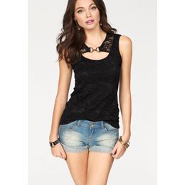 Spitzentop Melrose, Damen, Gr. 42, schwarz, Jersey, Obermaterial: 95% Viskose, 5% Elasthan. Spitze: 95% Polyamid, 5% Elasthan, unifarben, tailliert, Tops Spitzentop, mit Zierschnalle