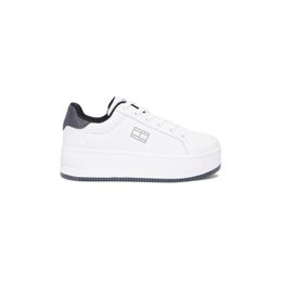 Tommy Jeans Damen Plateausneaker "TJW FLATFORM ESS MU", Gr. 40, wei&szlig;, Leder, Schuhe, Freizeitschuh, Halbschuh, Schn&uuml;rschuh mit Kontrastbesatz