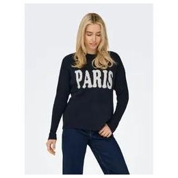 Strickpullover Only "ONLJERICO L/S PULLOVER KNT NOOS", Damen, Gr. S, blau (schwarz navy detail:cd paris), Strick, Obermaterial: 68% Polyacryl, 12% Polyester, 11% Nylon, 6% Wolle, 3% Elasthan, bedruckt, oversize h&uuml;ftbedeckend, V-Ausschnitt, Rippb&uuml;ndchen, Pullover Strickpullover