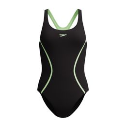 Badeanzug Speedo "SOLID SPLICE MEDALIST 1PC BLU/DKBLU", Damen, Gr. 40, N-Gr, blk, ltgrn, Obermaterial: 100% Polyester, Badeanz&uuml;ge Badeanzug