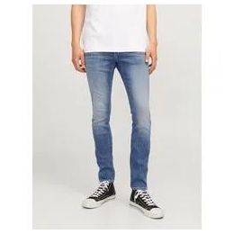 Jack & Jones Slim-fit-Jeans JACK & JONES "JJIGLENN &ndash; Jeans mit Stretch, niedriger Leibh&ouml;he und Taschen", Herren, Gr. 28, L&auml;nge 32, blau (mid blau denim), Denim/Jeans, Obermaterial: 70% Baumwolle, 28% Polyester, 2% Elasthan, Abriebeffekte, slim fit kn&ouml;chellang, Jeans Slim-fit-Jeans, Baumwollmischung, slim fit
