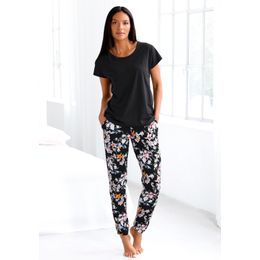 s.Oliver Damen Pyjama, Gr. 32, schwarz, Single Jersey, Obermaterial: 50% Baumwolle, 50% Viskose, gebl&uuml;mt, unifarben, Basic, Homewear-Sets, mit