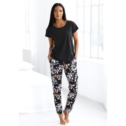 s.Oliver Damen Pyjama, Gr. 40, schwarz, Single Jersey, Obermaterial: 50% Baumwolle, 50% Viskose, gebl&uuml;mt, unifarben, Basic, Homewear-Sets, mit