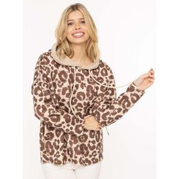 Hoodie Zwillingsherz "Leo", Damen, Gr. S/M, braun, Sweatware, Obermaterial: 82% Polyester, 15% Viskose, 3% Elasthan, gemustert, mehrfarbig, comfort fit h&uuml;ftlang, V-Ausschnitt, Sweatshirts Hoodie, Kapuze, Animal-Muster, 3/4-Arm, Kordel, modisch