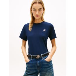 Tommy Hilfiger Damen Kurzarmshirt "TH SCRIPT REGULAR C-NECK SHORT SLEEVE TEE", blau, Gr. L, unifarben, Single Jersey, Obermaterial: 95% Baumwolle, 5%
