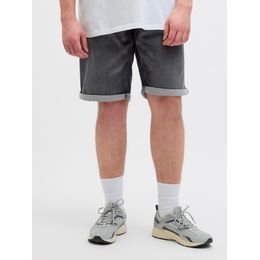 Jack & Jones PlusSize Shorts "JJIRICK JJICON I.K. SHOR", Herren, Gr. 44 (5XL), N-Gr, schwarz (schwarz denim), Denim/Jeans, Obermaterial: 80% Baumwolle, 18% Polyester, 2% Elasthan, JACK & JONES PLUSSIZE, unifarben, regular fit knielang, Hosen Shorts, mit Umschlag