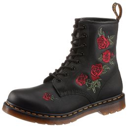 Schn&uuml;rboots Dr. Martens "Vonda", Damen, Gr. 36, schwarz (schwarz, rot gebl&uuml;mt), Leder, gebl&uuml;mt, Schuhe Schn&uuml;rboots, Blockabsatz,Schn&uuml;rschuh,Stiefelette, Bl&uuml;ten-Stickerei - schmale Form