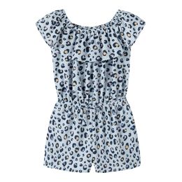 Kurzoverall name it "NKFVINAYA PLAYSUIT FFF", M&auml;dchen, Gr. 128, N-Gr, ancient water aop:colorot leo, Web, Obermaterial: 98% Polyester, 2% Elasthan, bedruckt, regular fit kurz, Carmenausschnitt, Overalls Kurzoverall, Kunstfaser, elastischer Bund, Allover-Druck