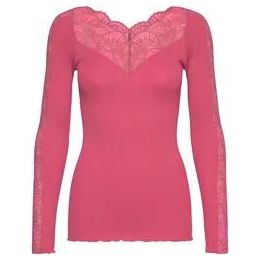 Spitzenshirt rosemunde "Beatha lace longsleeve mit Seide", Damen, Gr. M, himbeere, Rippstrick, Obermaterial: 55% Seide, 45% Baumwolle, figurbetont h&uuml;ftlang, V-Ausschnitt, Shirts, elastisch weiche Vintage-Spitze am Ausschnitt und entlang der &Auml;rmel