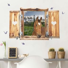 Bilderwelten Wandtattoo Tiere modern 3D-Effekt Wandaufkleber - Fenster mit Herz und Pferd Bergblick Wiesenpfad - Berg Wohnzimmer Schlafzimmer