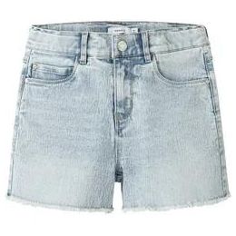 Shorts name it "NKFROSE HW MOM DNM SHORT", M&auml;dchen, Gr. 134, N-Gr, light blau bleached denim, Denim/Jeans, Obermaterial: 80% Baumwolle, 18% Polyester, 2% Elasthan, unifarben, regular fit kurz, Hosen Shorts, Baumwollmischung, ausgefranster Saum, verstellbarer High Waist Bund